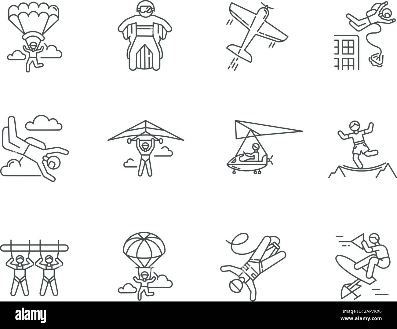 Air extreme sport linear icons set. Skydiving, parachuting, wingsuiting ...