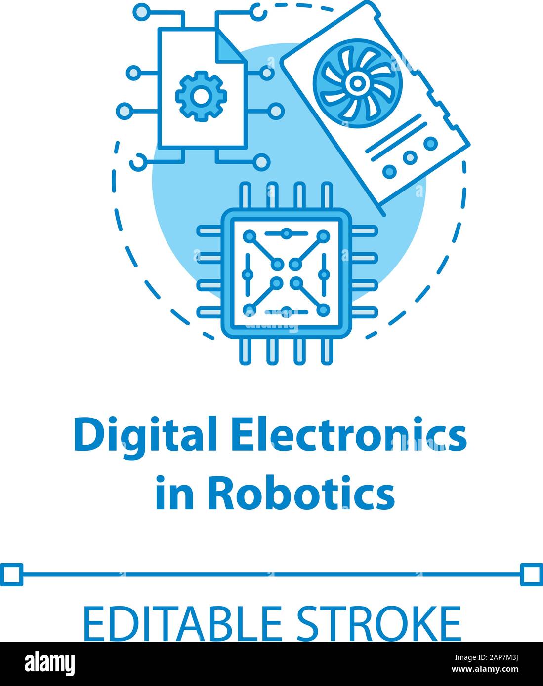 Digital electronics in robotics blue concept icon. Computer chip and ...