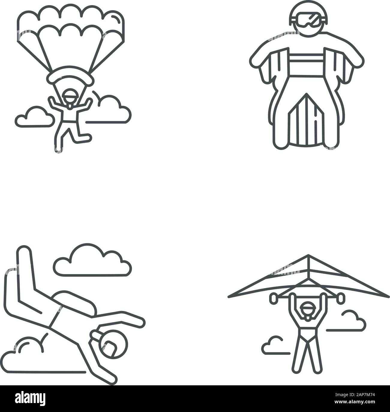 Air extreme sport linear icons set. Hang gliding, skydiving, wing ...