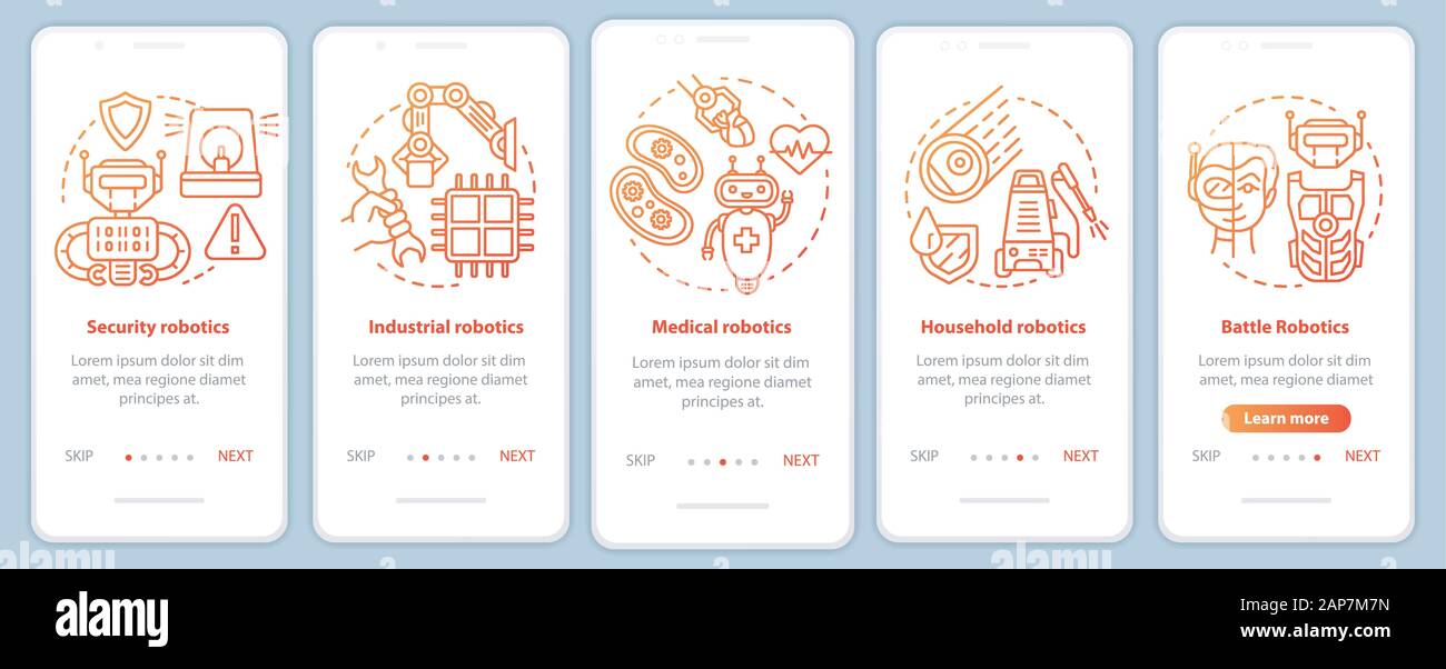 Types robotics onboarding mobile app page screen vector template. Guard ...
