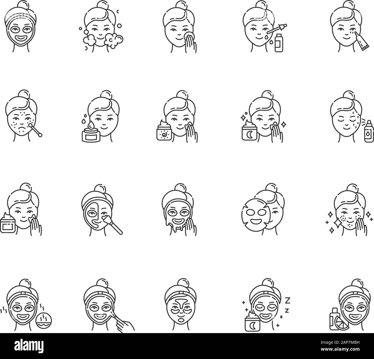 Skin care procedures linear icons set. Night time face cream. Sheet ...