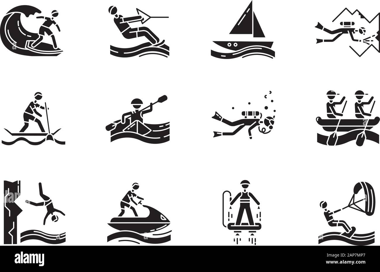 Watersports glyph icons set. Silhouette symbols.Cave diving ...