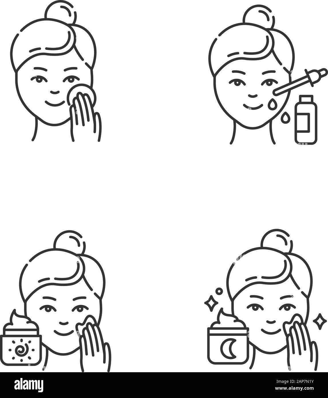 Skin care procedures linear icons set. Night sleeping cream. Facial ...