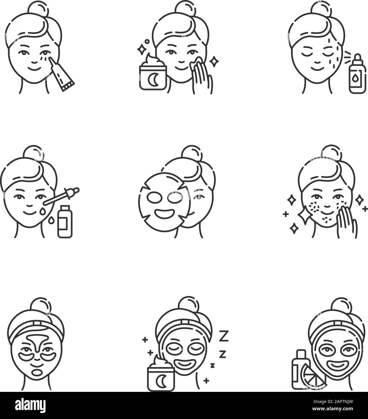 Skincare procedures linear icons set. Beauty routine. Undereye cream ...