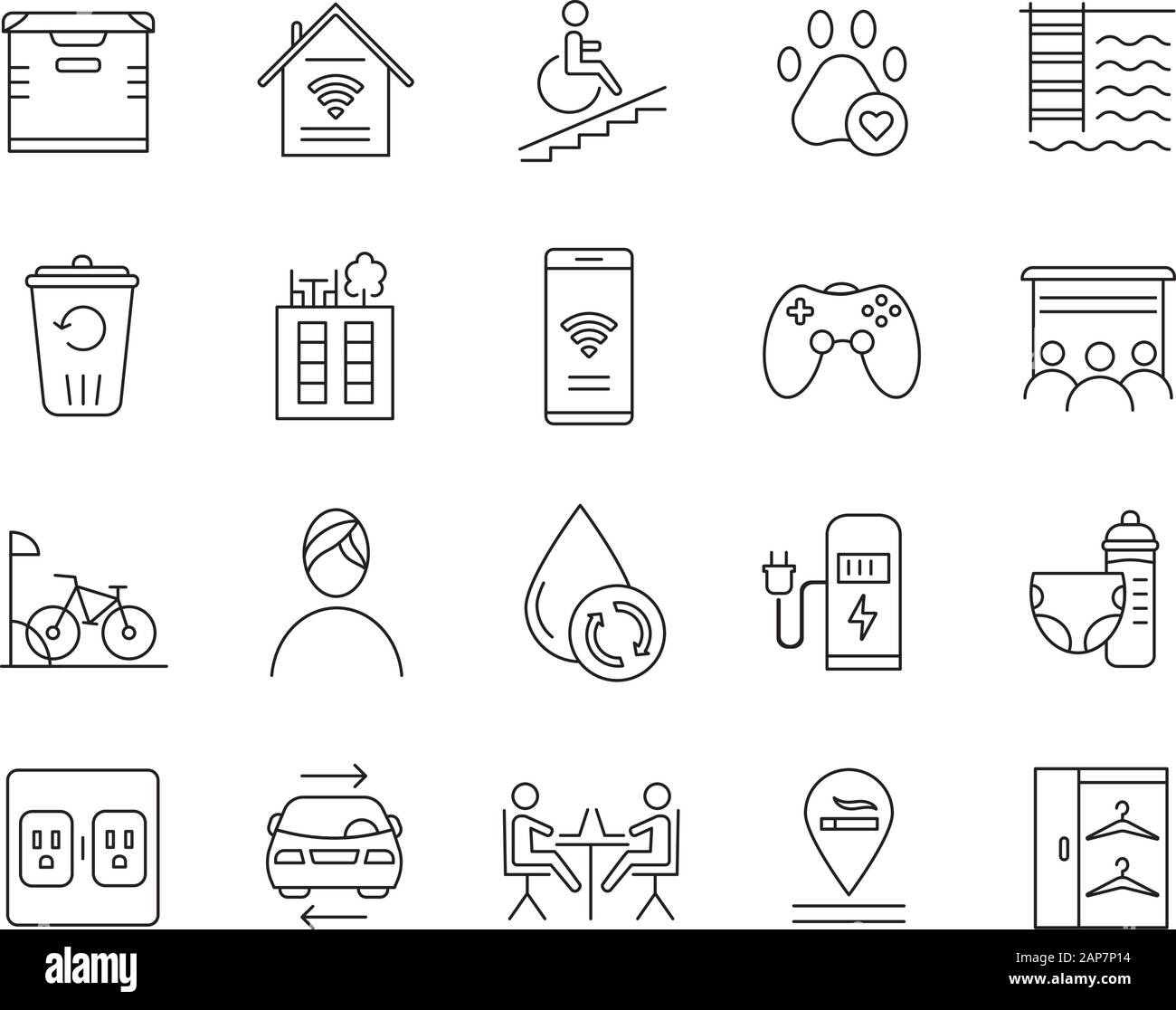 Apartment amenities linear icons set. Residential services. Comfortable ...