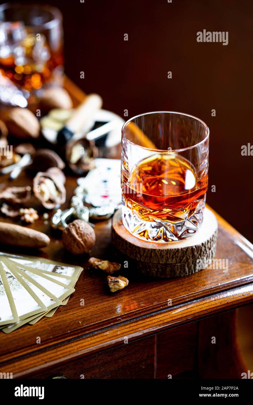 Alcohol and Cigar with nuts, vintage playing cards Stock Photo - Alamy