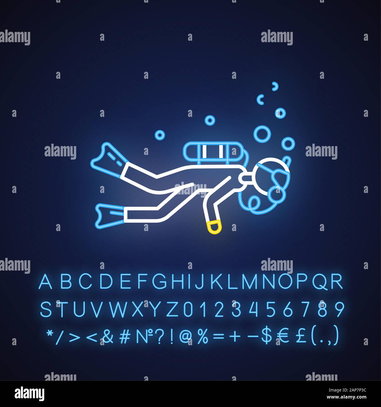 Scuba diving neon light icon. Watersport, extreme underwater kind of ...