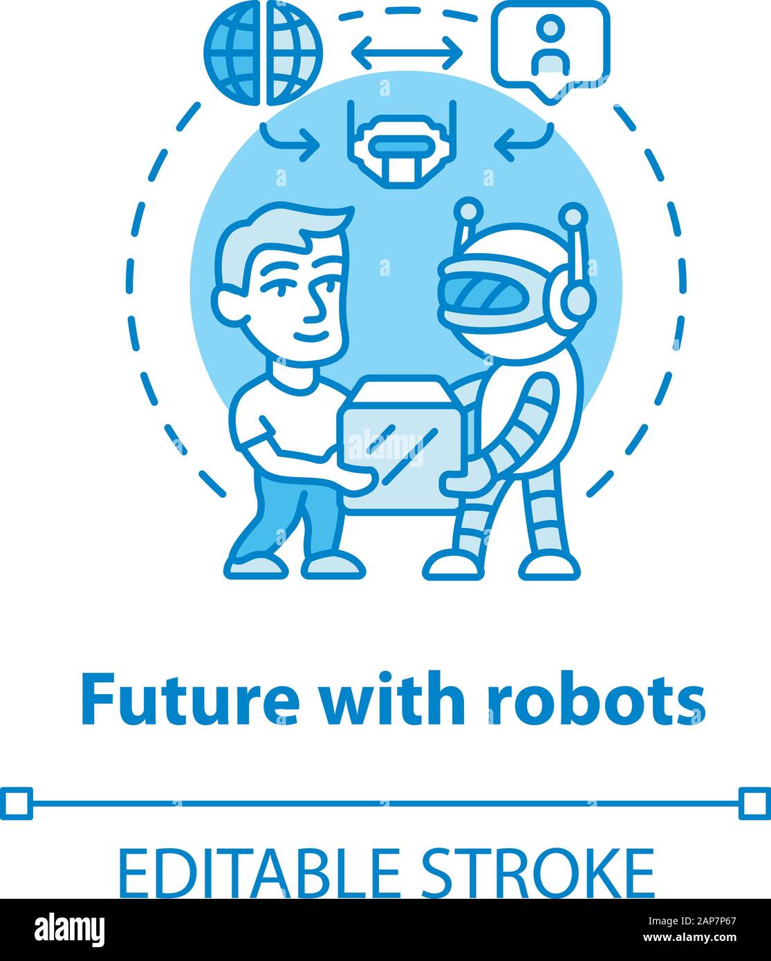 Future with robots blue concept icon. Robotics in society idea thin ...
