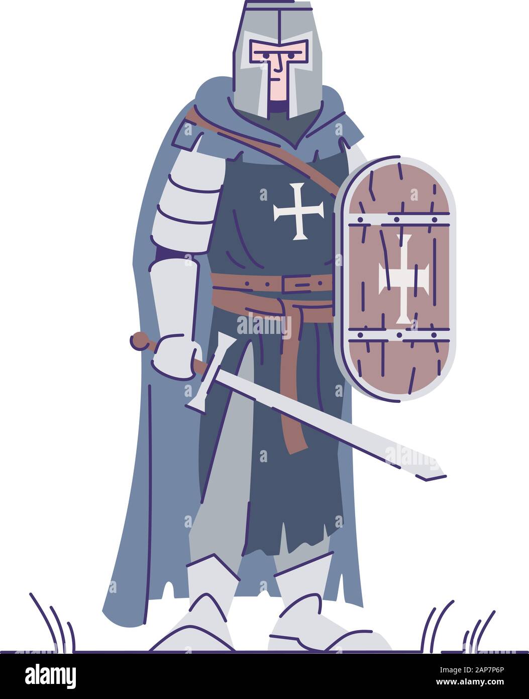 Medieval knight with sword and shield flat vector illustration. Armored ...