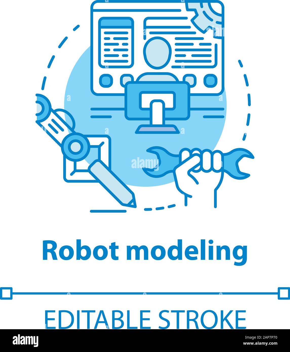 Robot modeling blue concept icon. Creating computers idea thin line ...