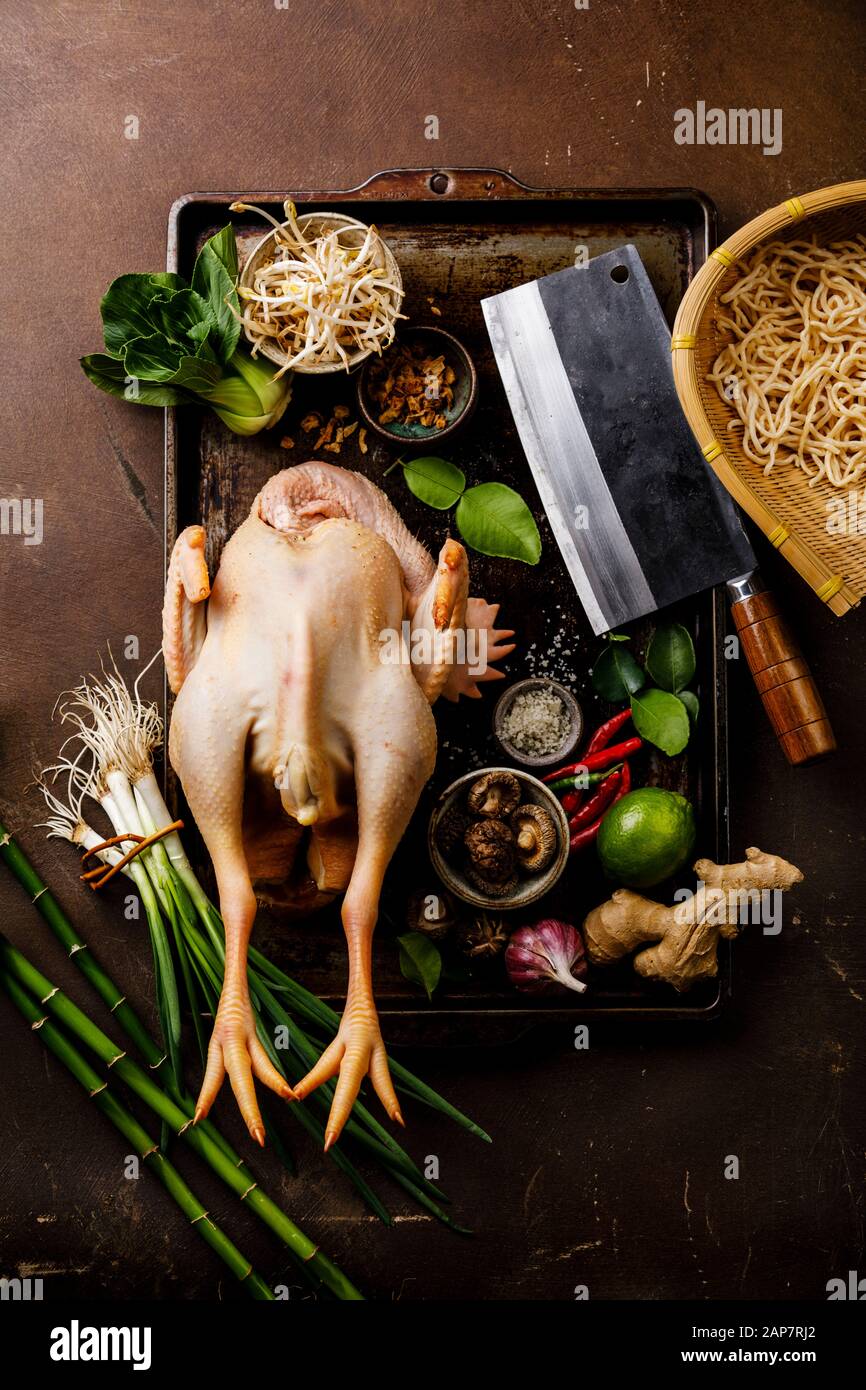Fresh bird cock chicken meat and Asian spices for cooking Chinese foods ...