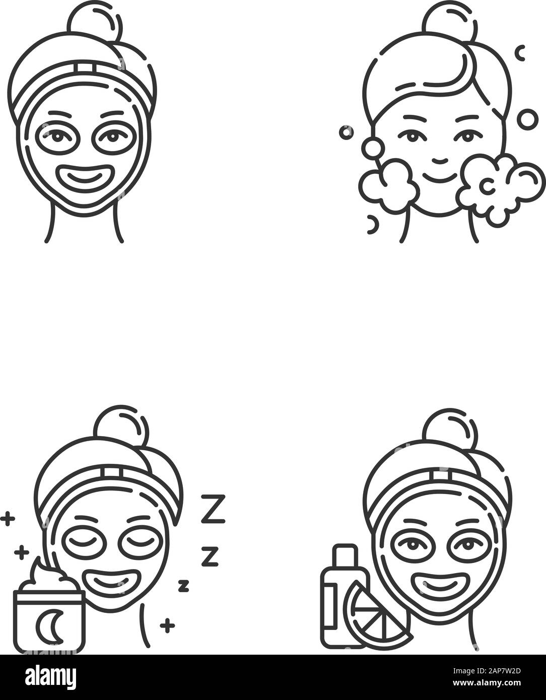 Skin care procedures linear icons set. Night time routine. Vitamin C ...