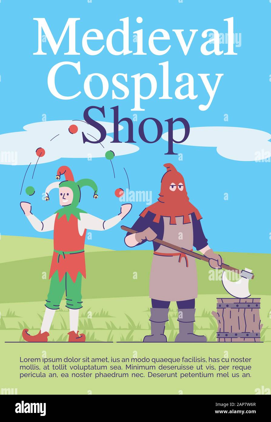 Medieval cosplay shop brochure template. Middle Age costumes store ...
