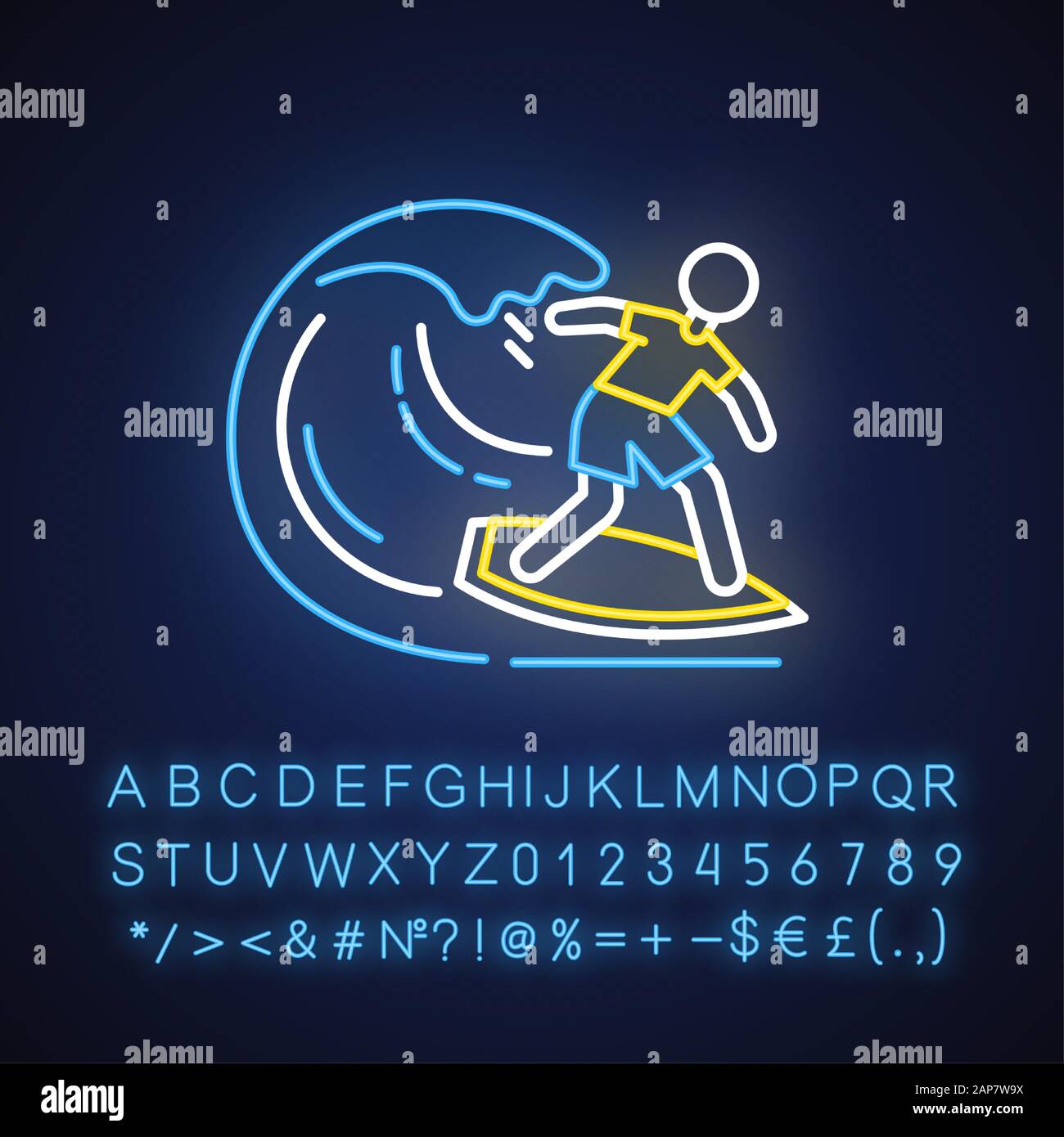 Surfing neon light icon. Watersport, extreme kind of sport. Catching ...