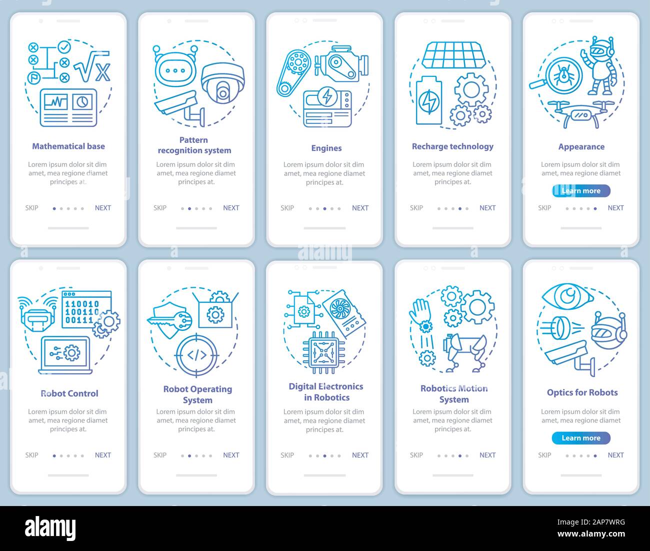 Robotics Courses Onboarding Mobile App Page Screen With Linear Concepts Set Robots Engineering