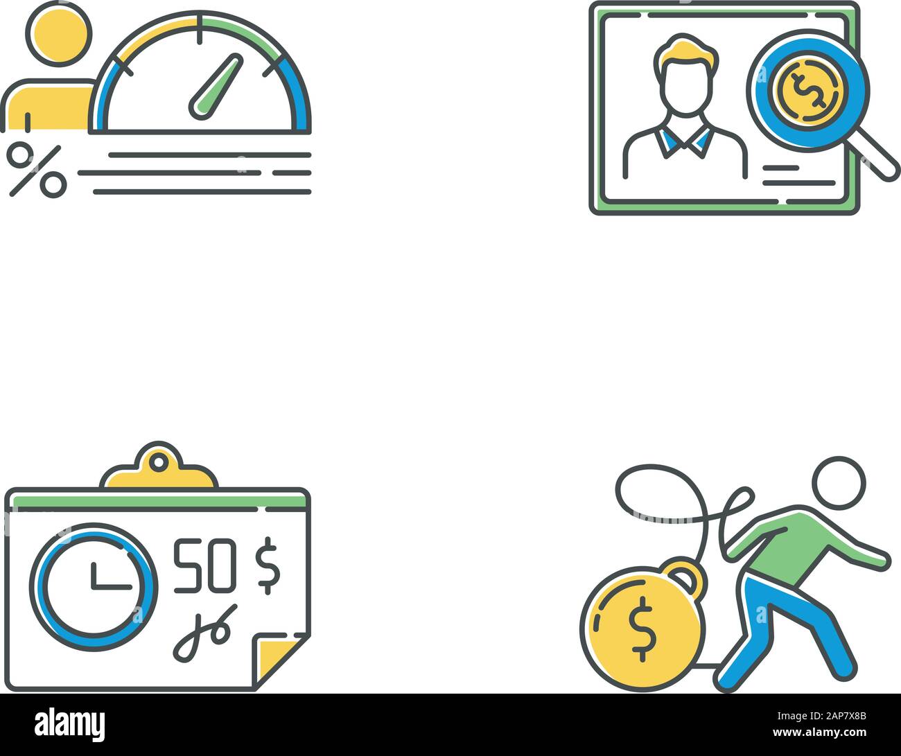 Loan color icons set. Personal creditworthiness report. Bunkrapcy risk ...