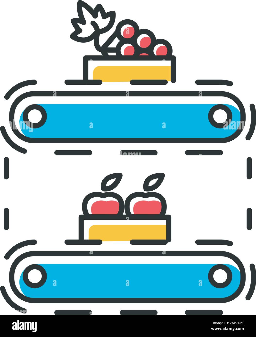 Fruit production color icon. Apples and grape in crates on conveyor ...