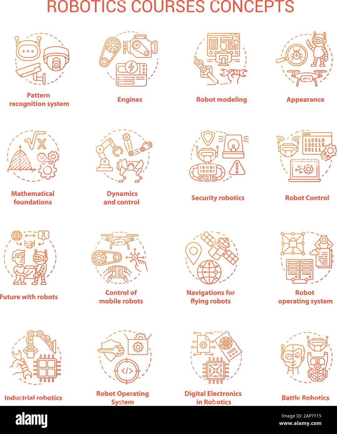 Robotics courses red concept icons set. Creating robots idea thin line ...