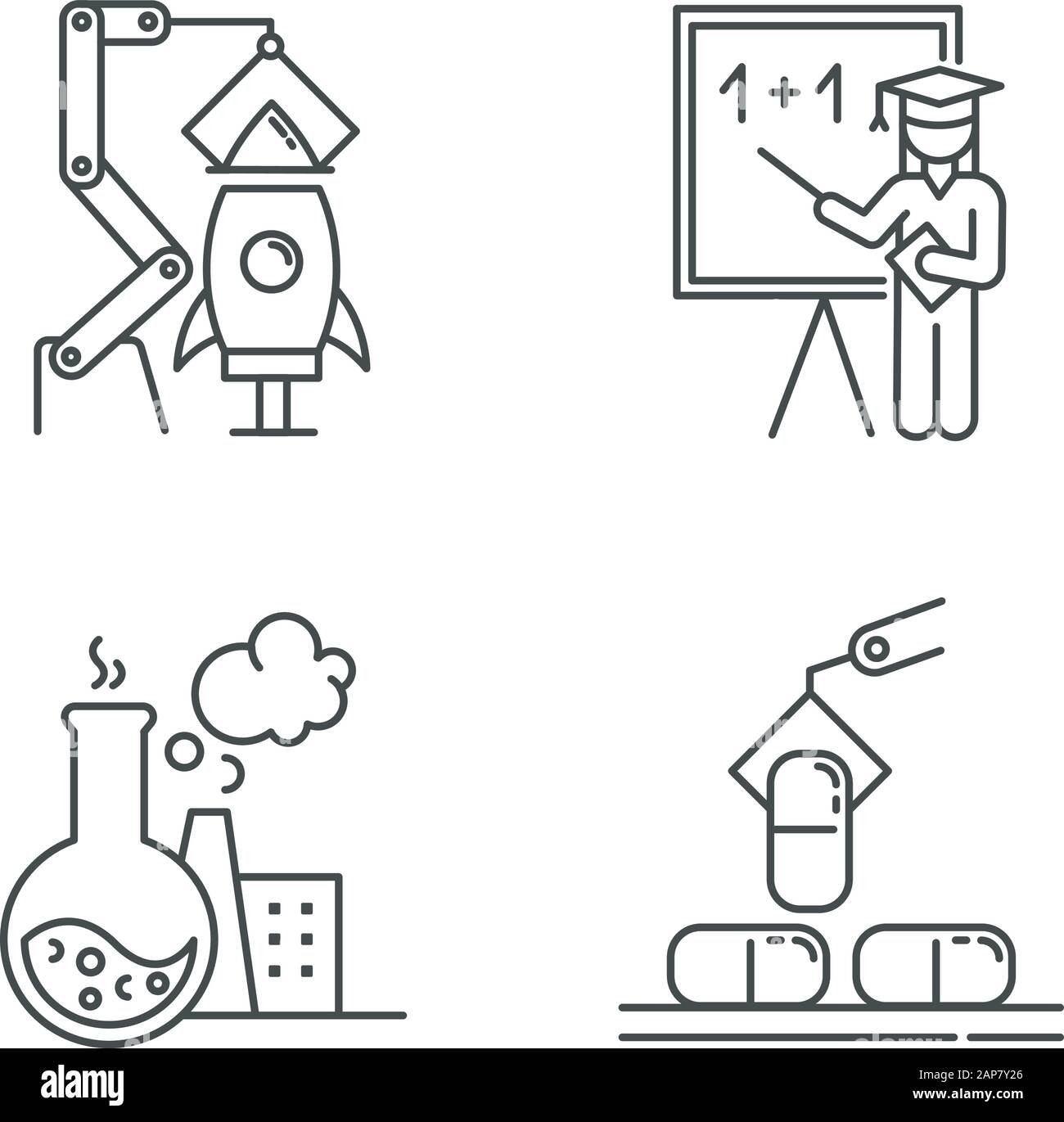 Industry types linear icons set. Goods, services production. Aerospace ...