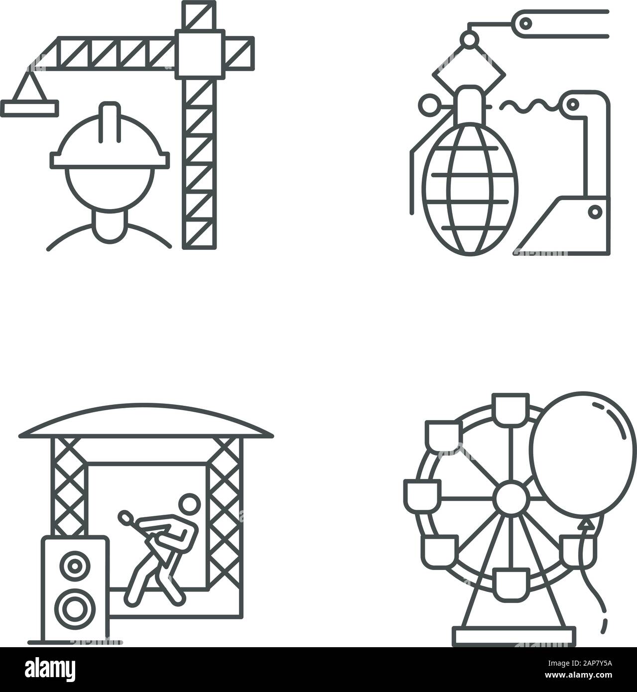 Industry types linear icons set. Construction, arms, music ...