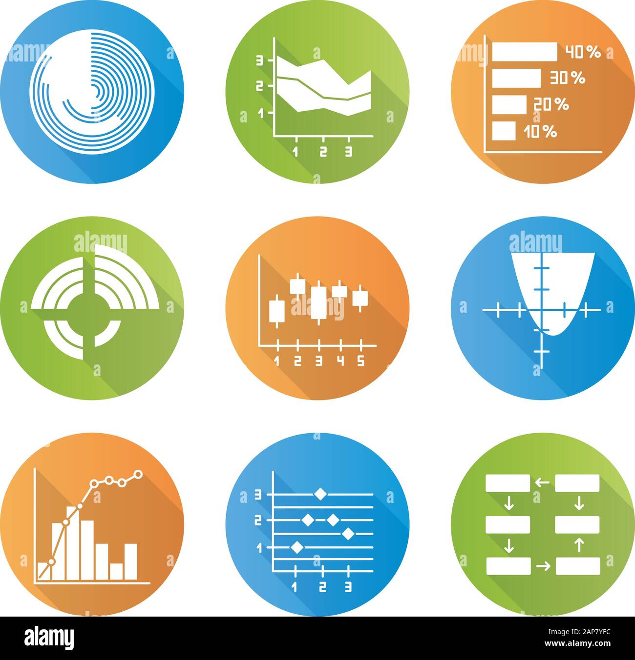 Chart and graph flat design long shadow glyph icons set. Horizontal ...
