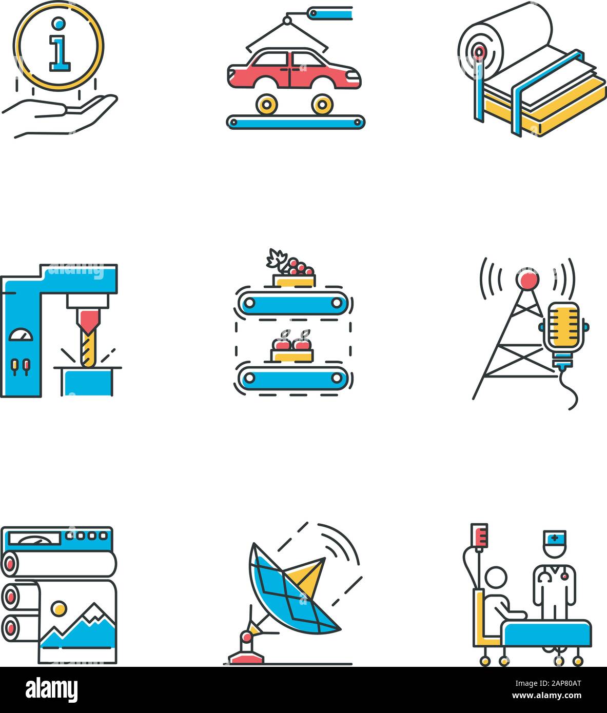 Industry types color icons set. Information sign. Automotive production ...