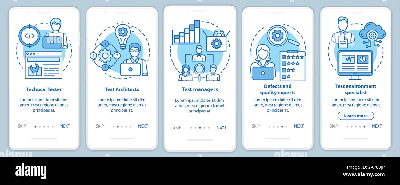 Software Testing Roles Blue Onboarding Mobile App Page Screen Vector