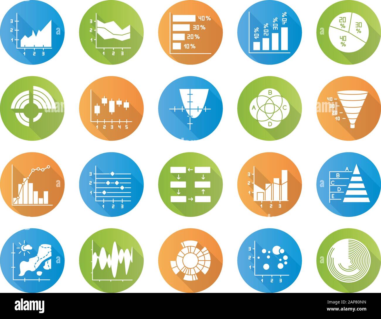 Chart and graph flat design long shadow glyph icons set. Pie diagram ...