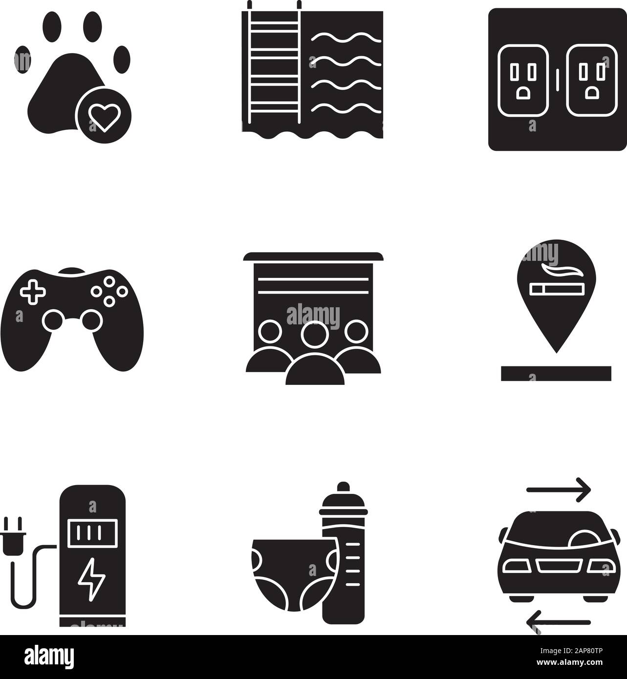 Apartment amenities glyph icons set. Pets allowed, swimming pool ...