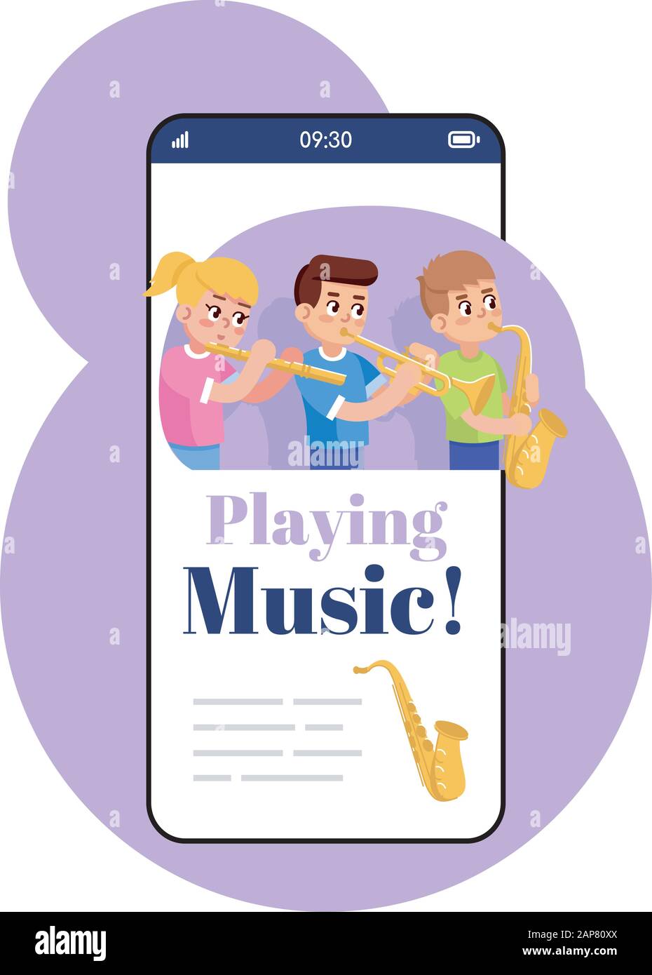 Playing music smartphone app screen. Mobile phone display with cartoon ...