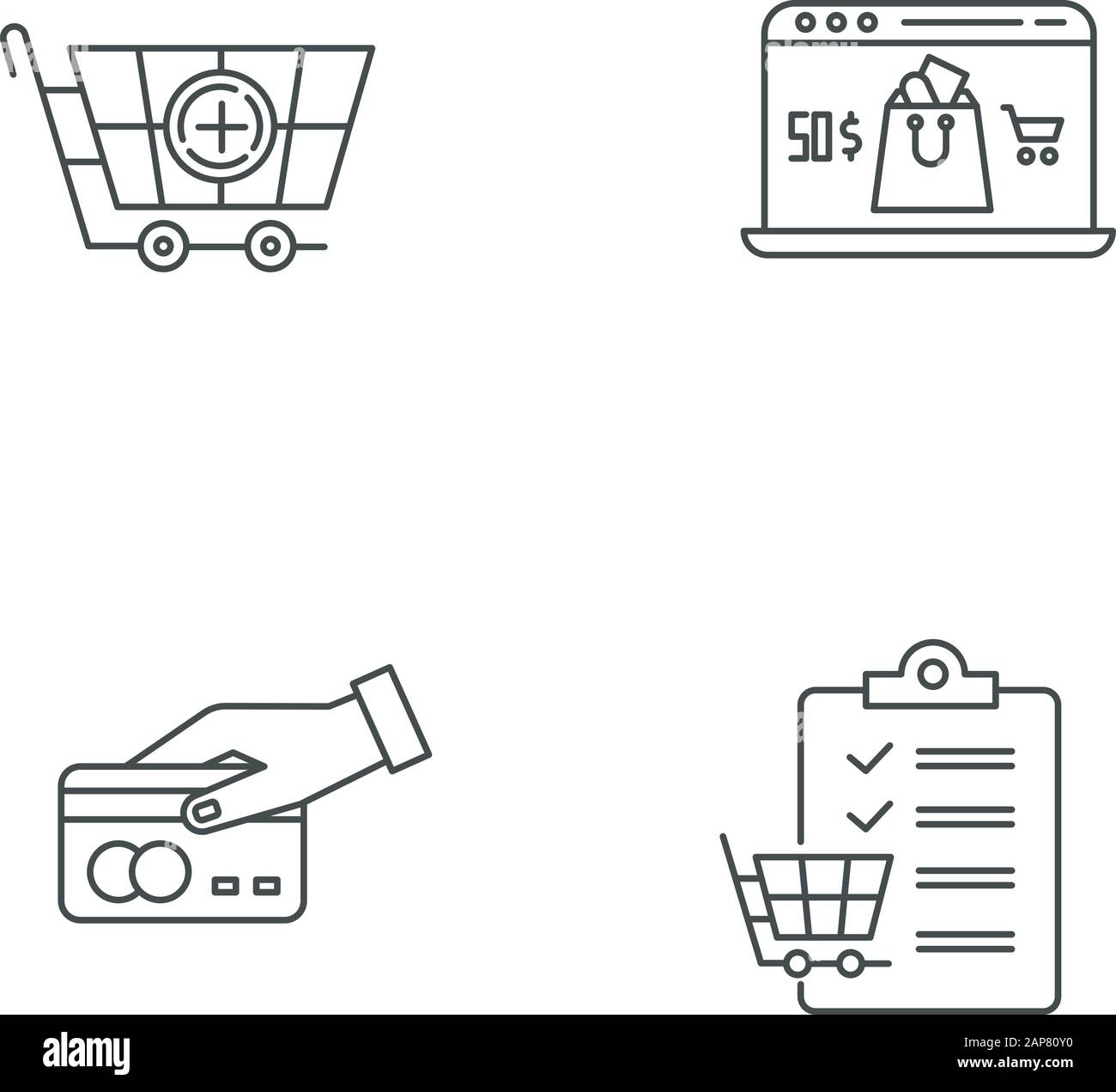 Online store linear icons set. Payment by credit card, writing shopping ...