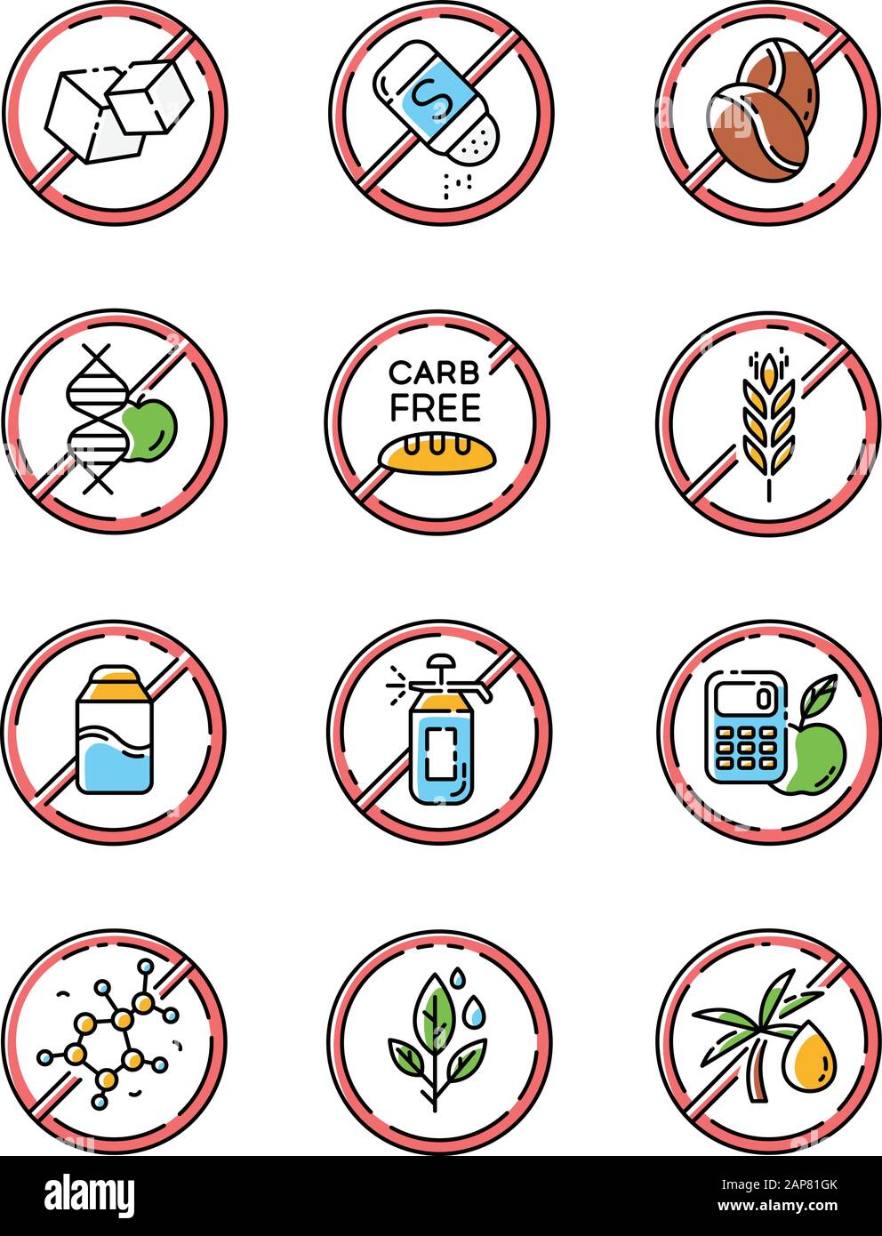 Product free ingredient color icons set. No paraben, pesticide, lactose ...