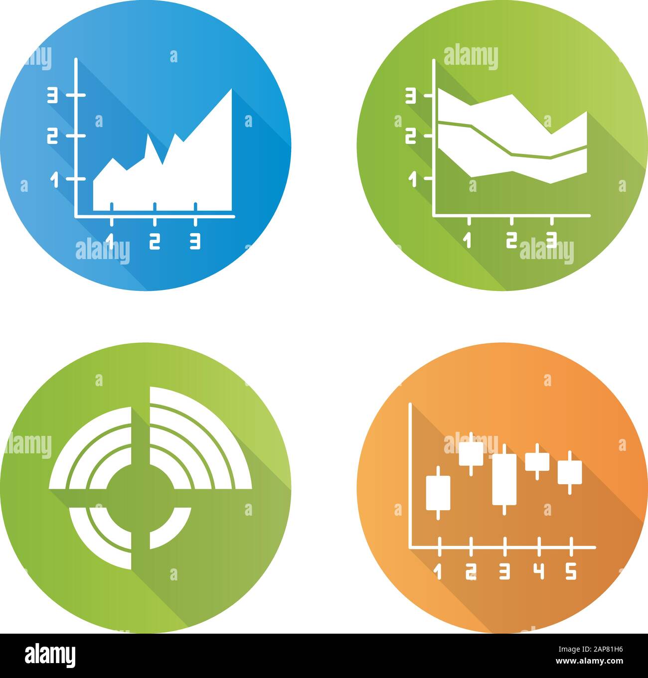 Chart and graph flat design long shadow glyph icons set. Radial diagram ...