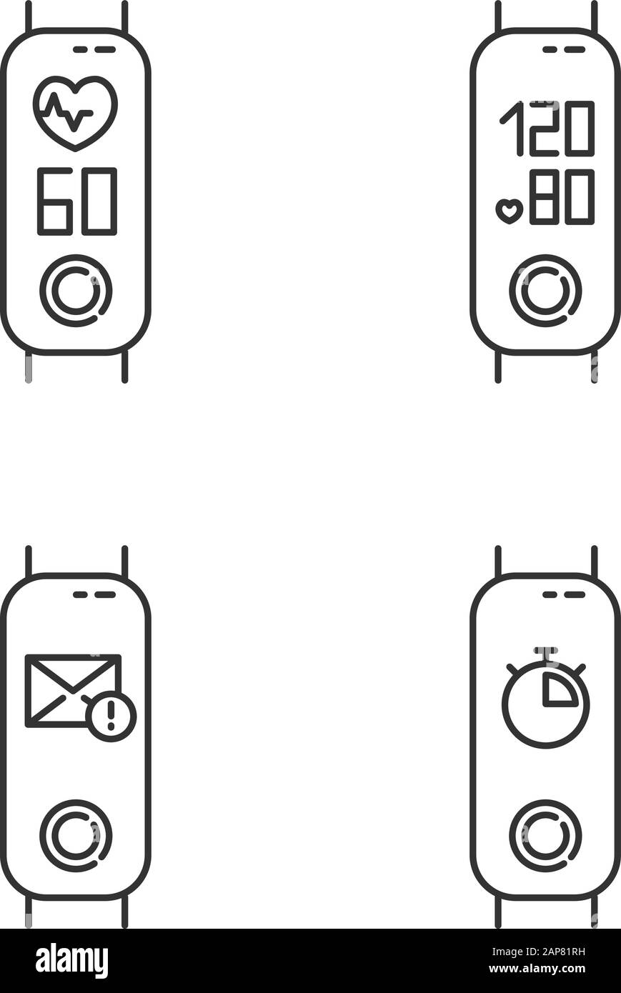 Fitness tracker health monitoring linear icons set. Wellness gadget ...