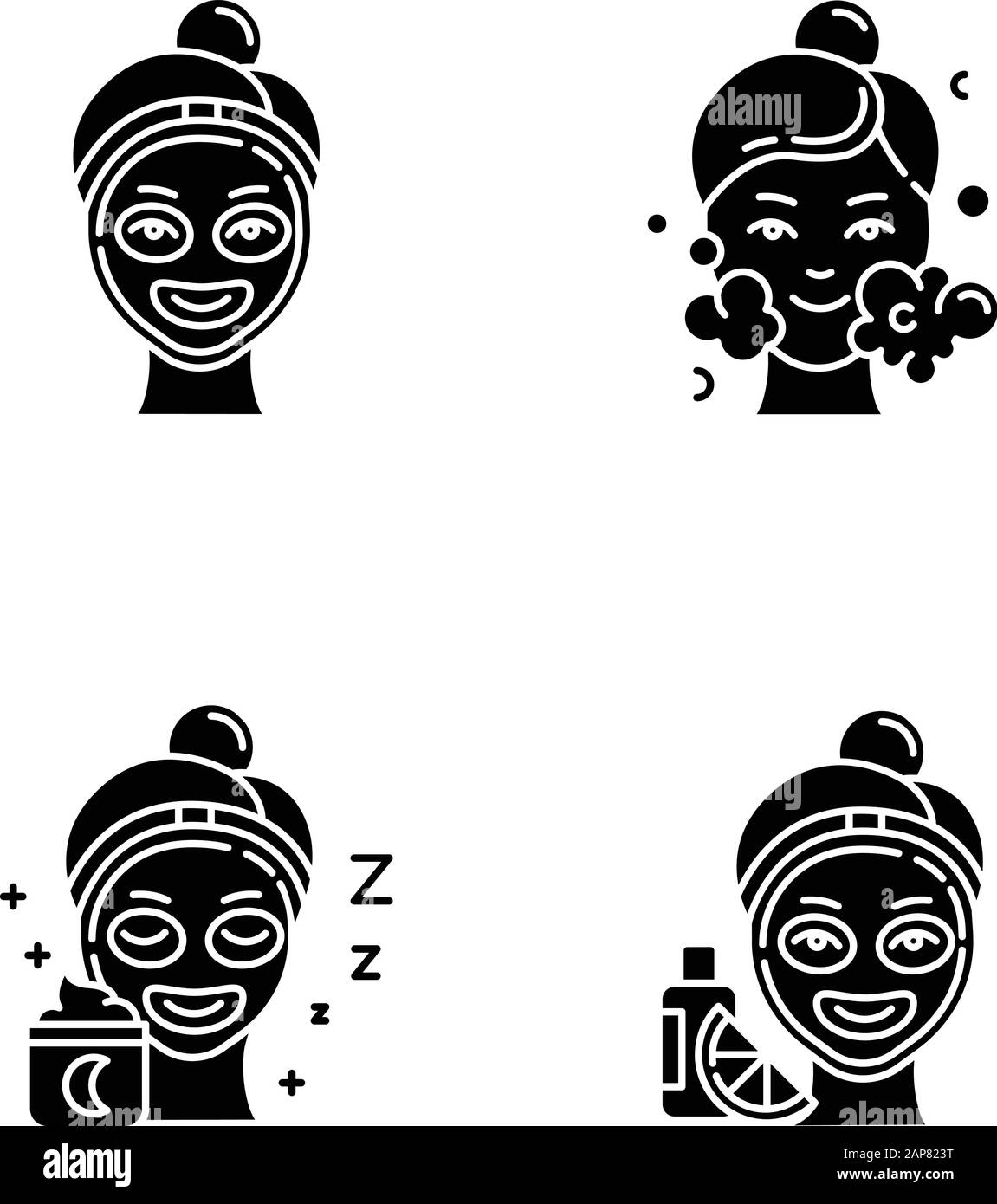Skin care procedures glyph icons set. Night time routine. Vitamin C ...