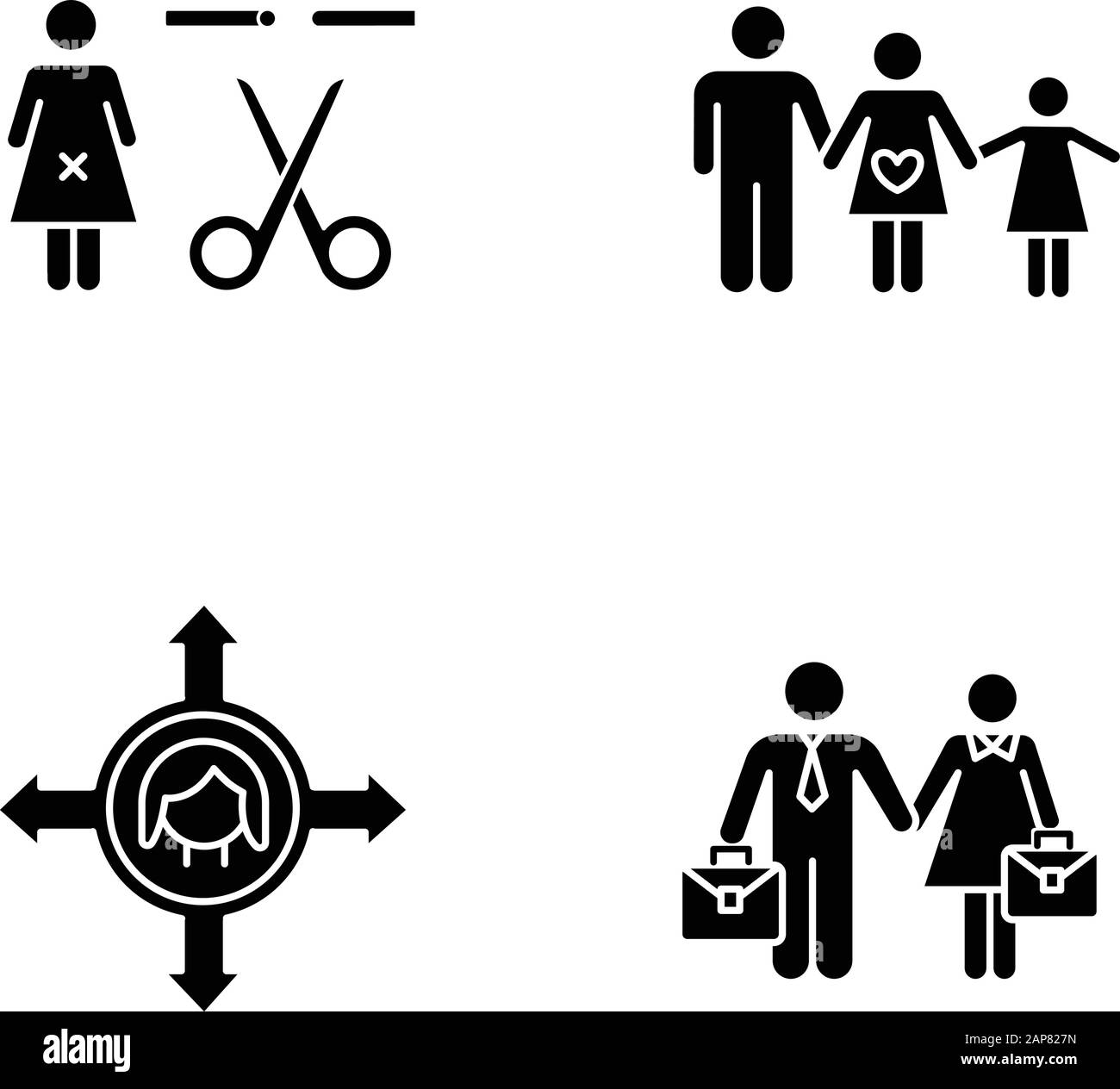 Gender equality glyph icons set. Forced sterilization. Woman's freedom ...