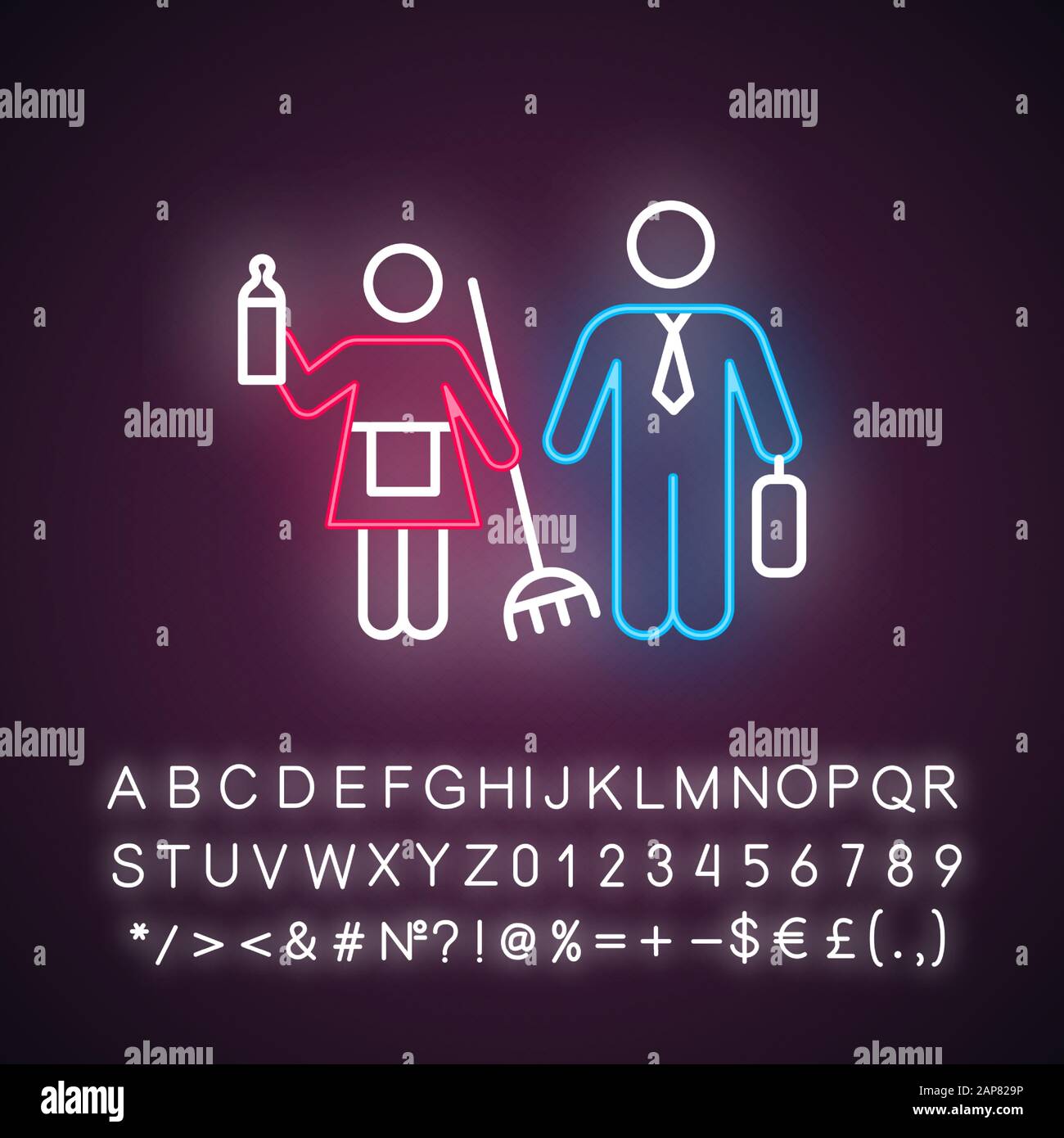 Gender stereotypes neon light icon. Female and male domestic, work life ...