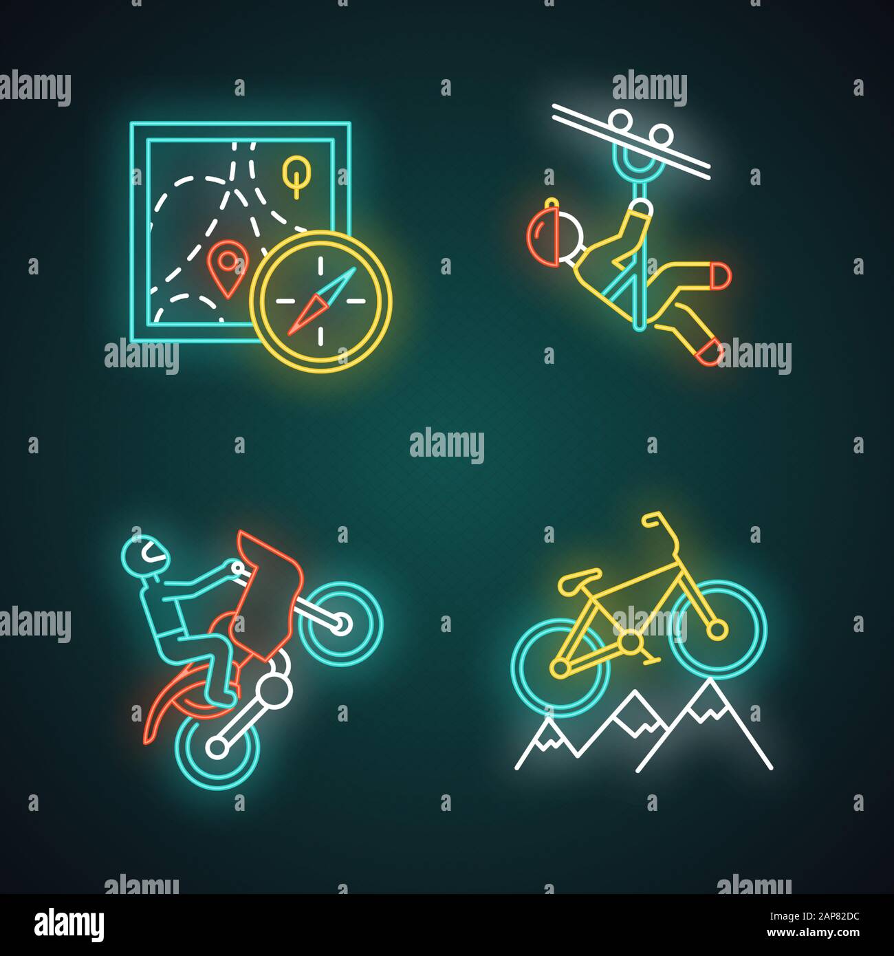 Extreme sports neon light icons set. Foot orienteering. Navigation ...