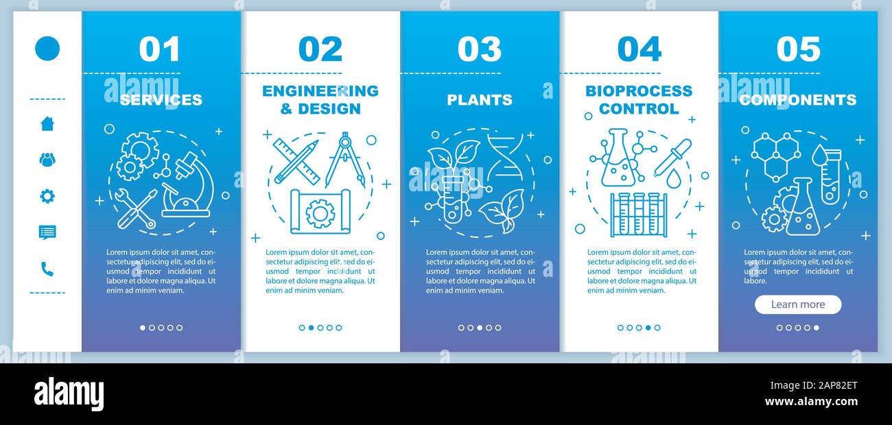 Bioengineering onboarding mobile web pages vector template. Services components. Responsive ...