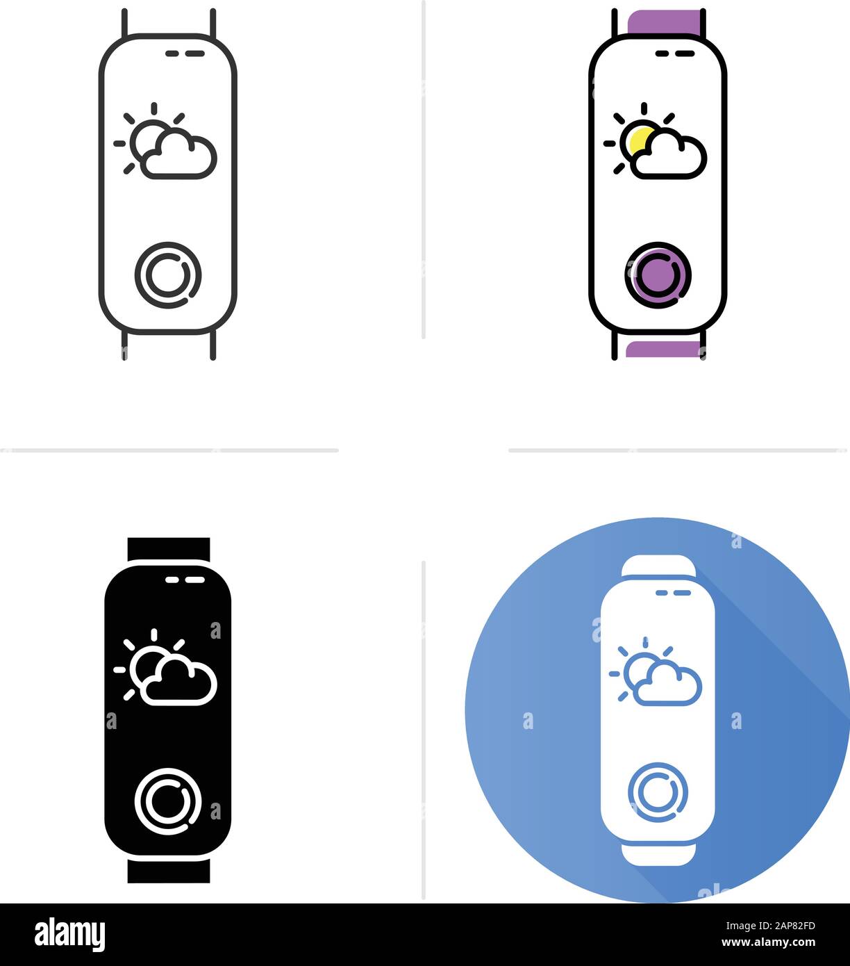 Fitness device with weather forecast function icons set. Portable ...