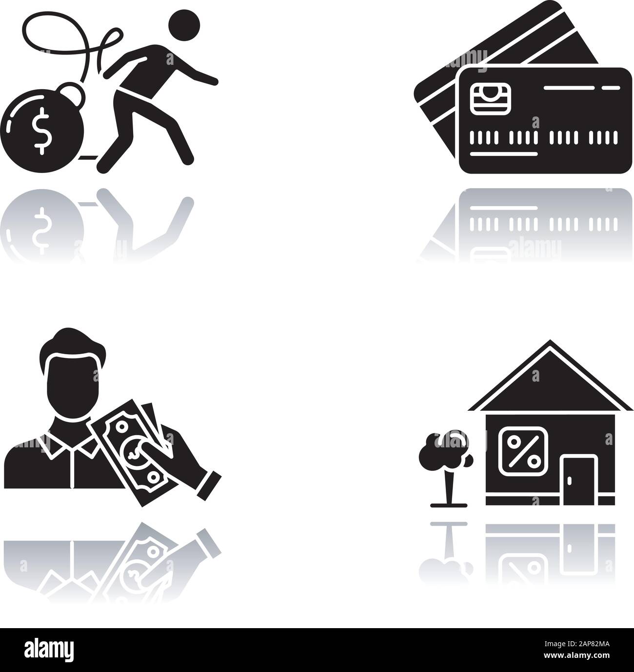 Credit drop shadow black glyph icons set. Bankrupcy danger from loan ...