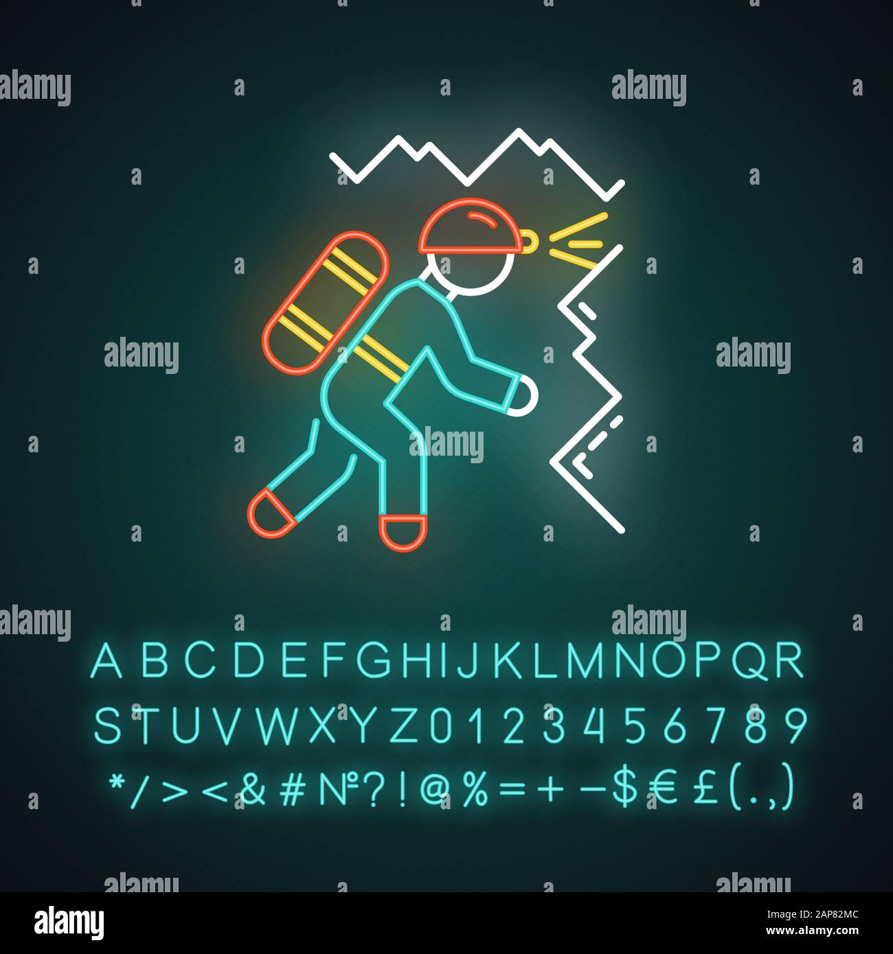 Spelunking neon light icon. Caving, potholing. Exploring underground ...