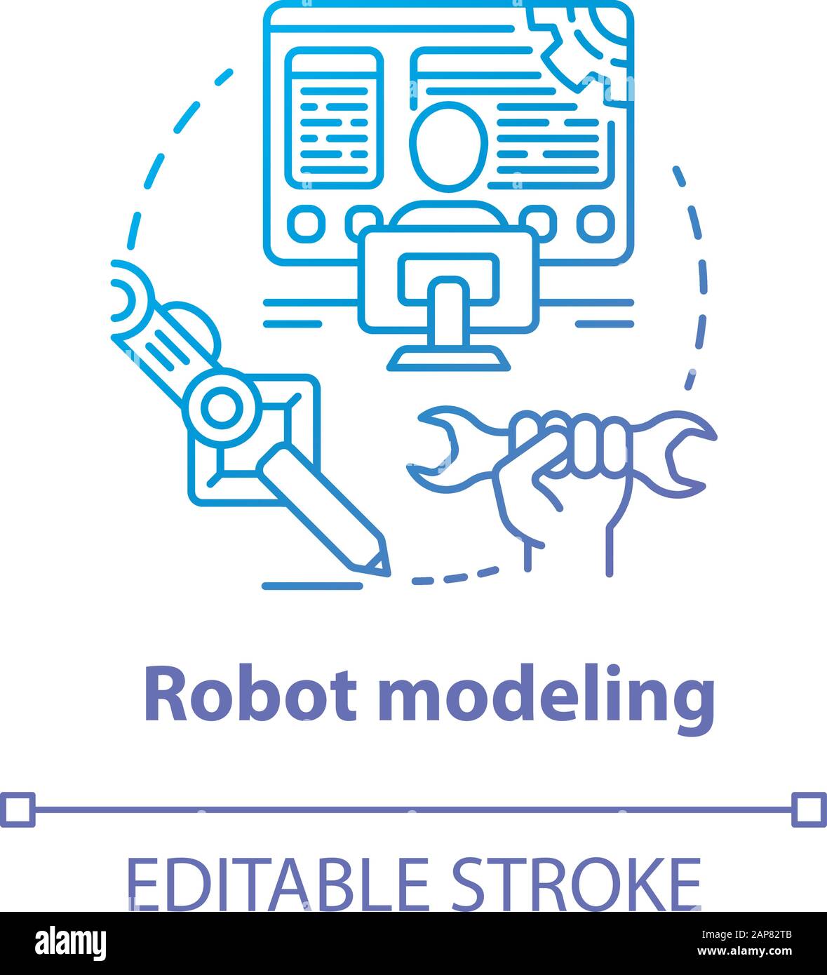 Robot modeling blue gradient concept icon. Creating computers idea thin ...