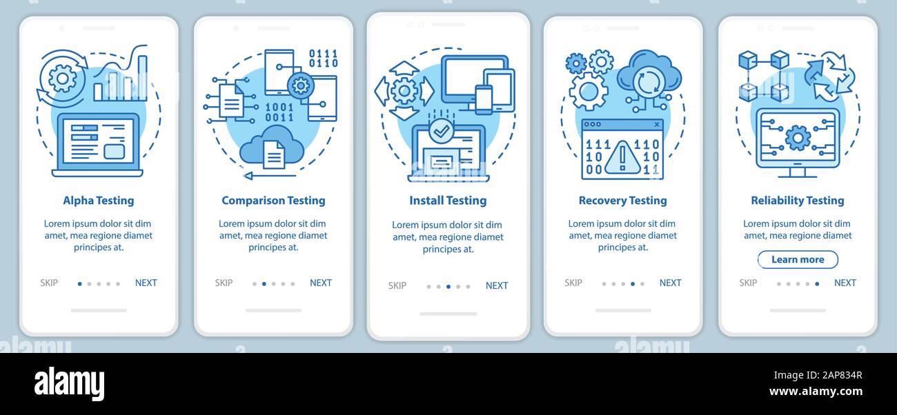 Software Performance Testing Blue Onboarding Mobile App Page Screen Vector Template Quality