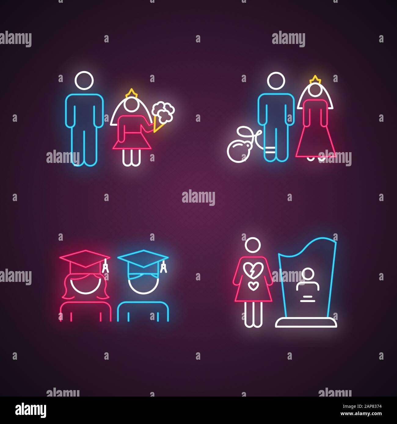 Gender equality neon light icons set. Child marriage. Education ...