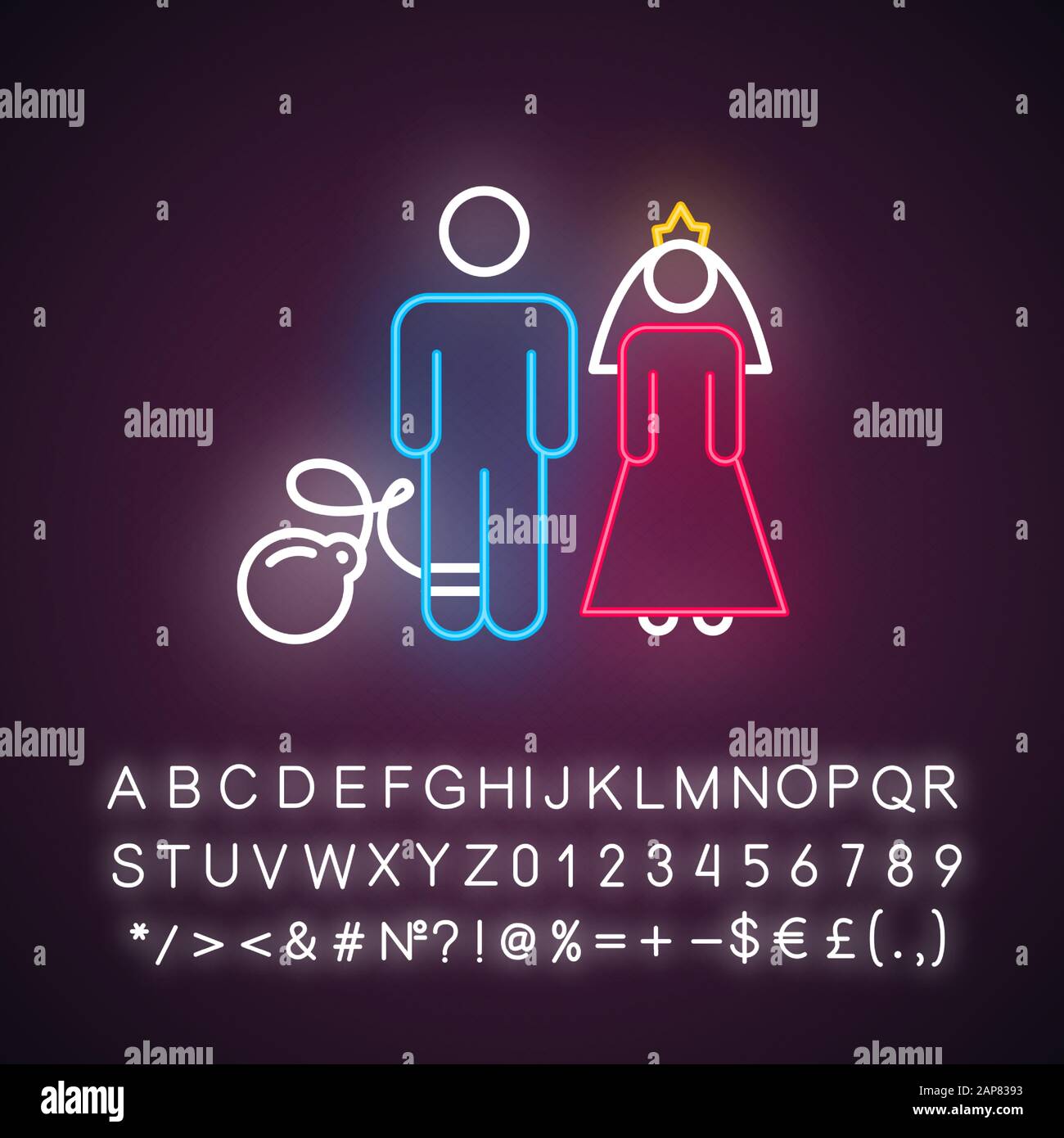 Forced marriage neon light icon. Woman and man, groom and bride. Family ...