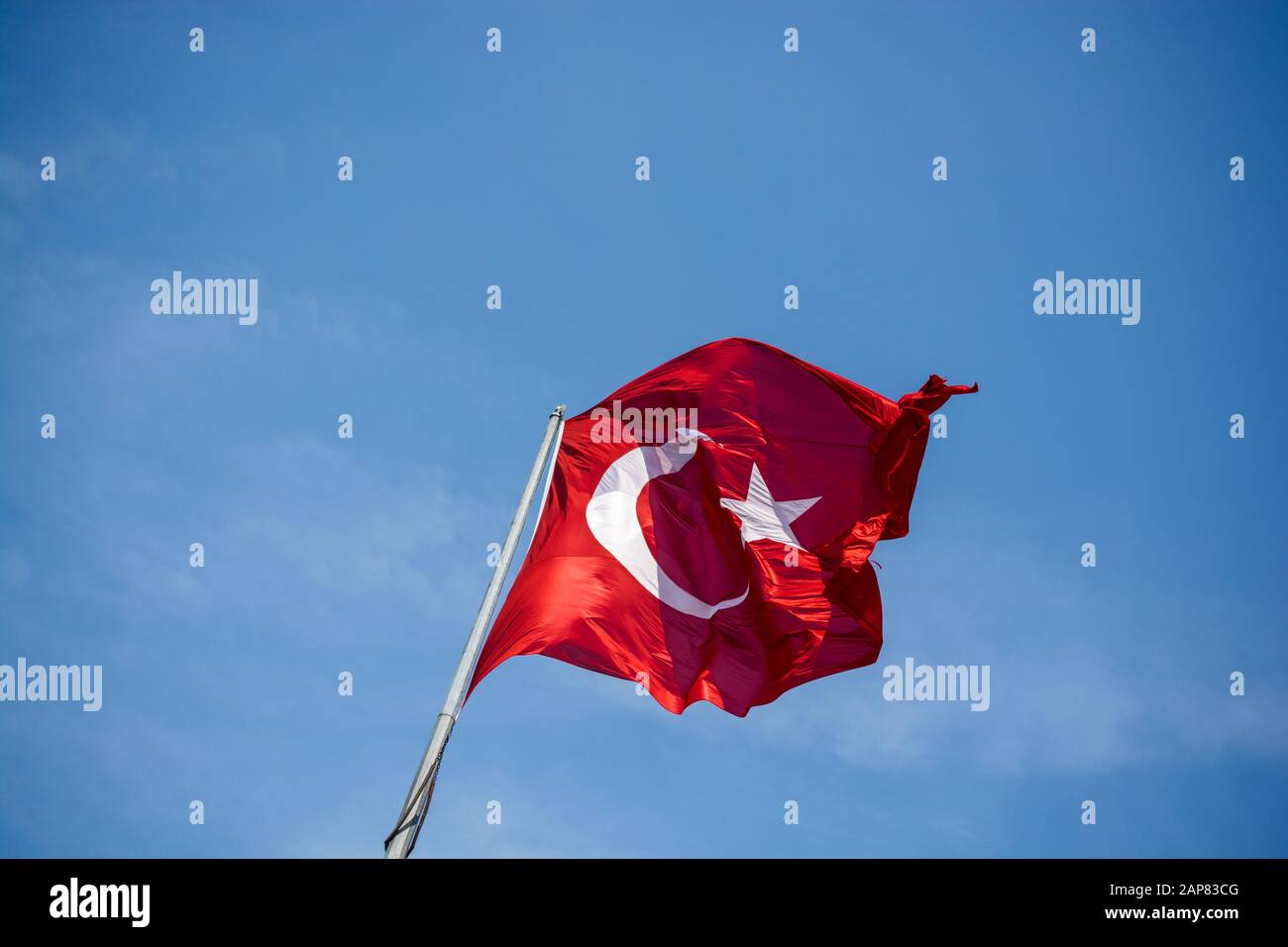Turkish national flag hang on a pole in open air Stock Photo - Alamy
