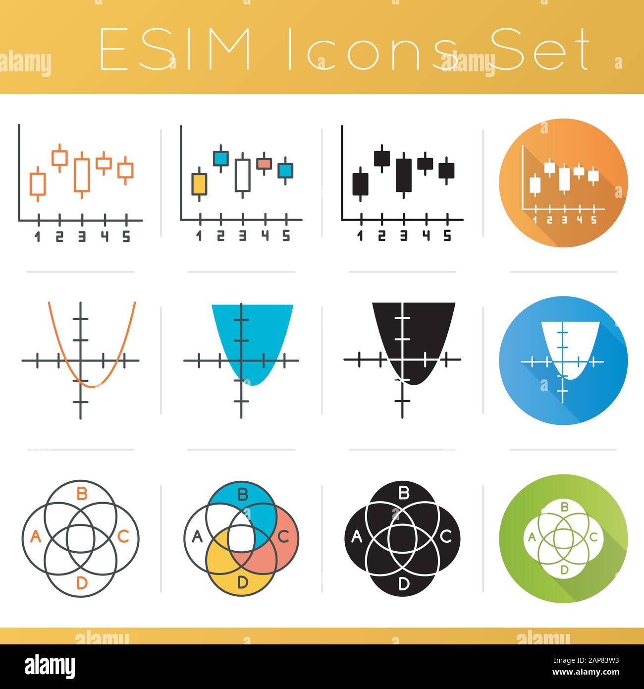 Chart and graph icons set. Function curve. Trigonometry and math ...