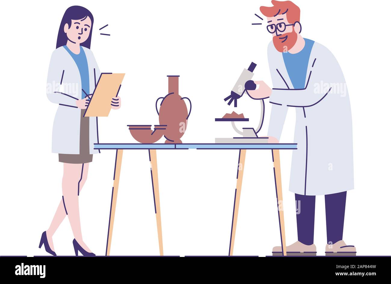 Laboratory analysis flat vector illustration. Archeological artifacts ...