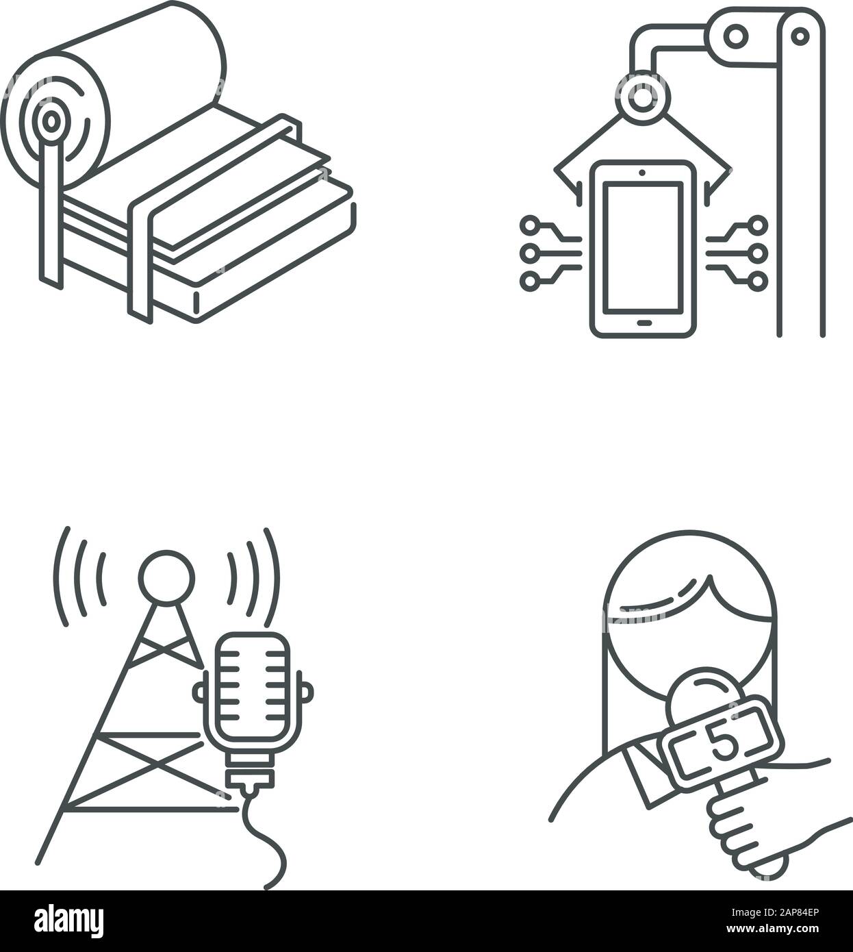 Industry types linear icons set. Pulp and paper production. Electronics ...